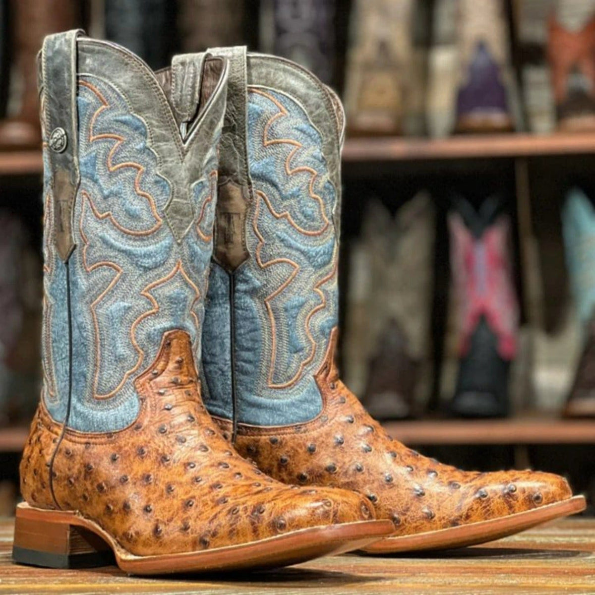 Tanner Mark Mens Van Zandt Print Ostrich Square Toe Boots Cognac Tm20
