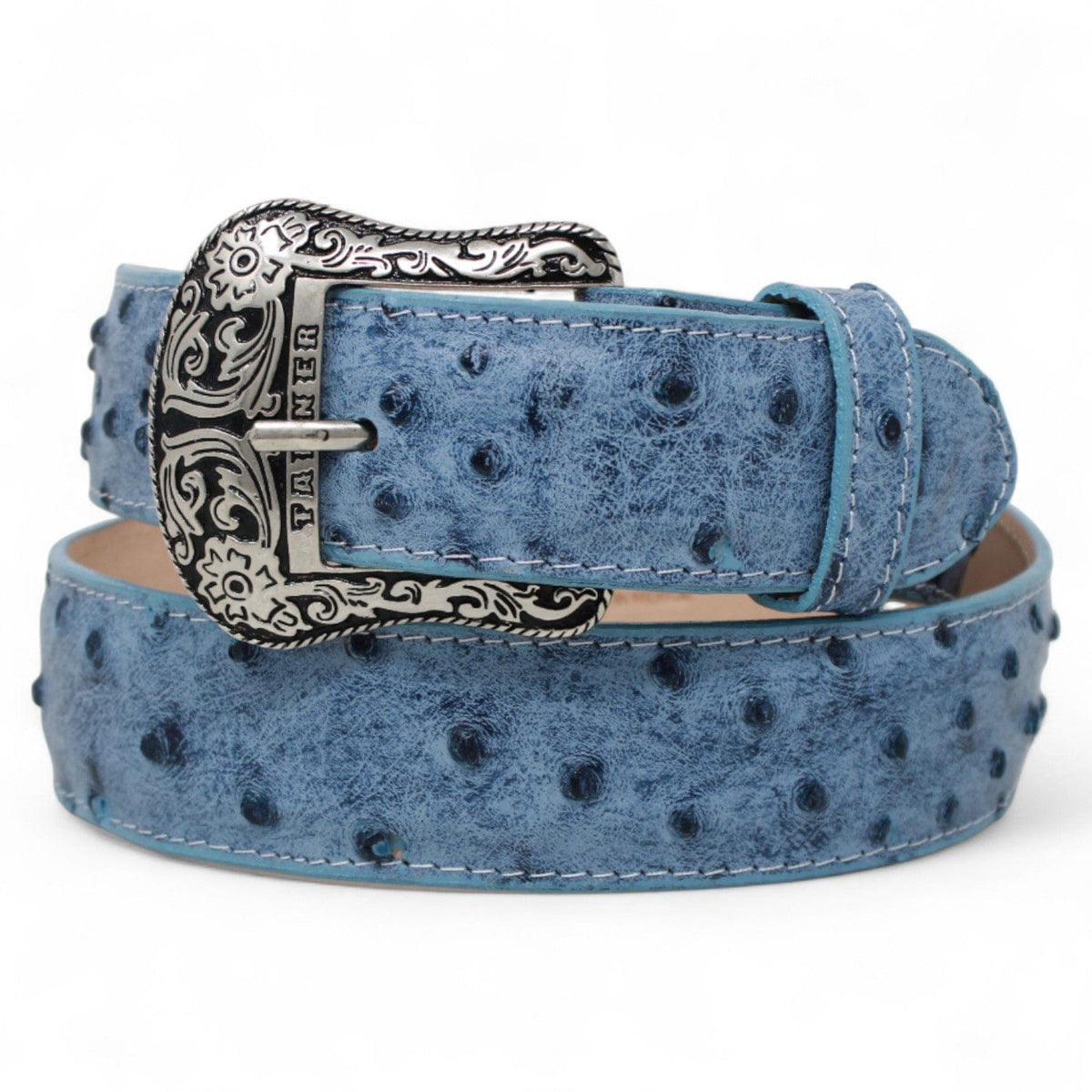 Genuine Leather Ostrich Print Texas Metal Buckle Belt Blue Color - Tan ...