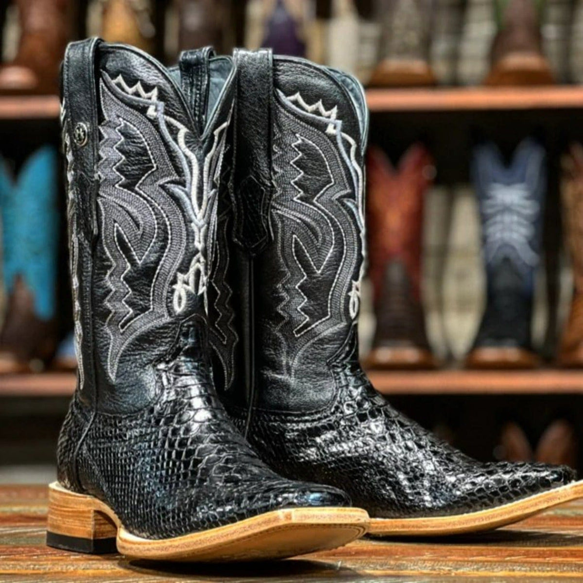Tanner Mark Mens Genuine Python Square Toe Boots Black Tmx200430