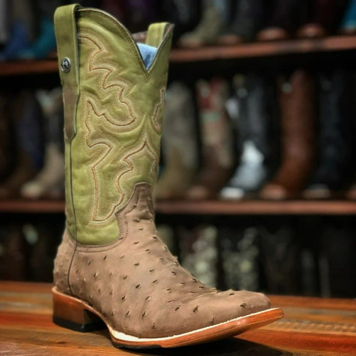 Tanner Mark Mens Print Ostrich Square Toe Boots Suede Brown Tm207025